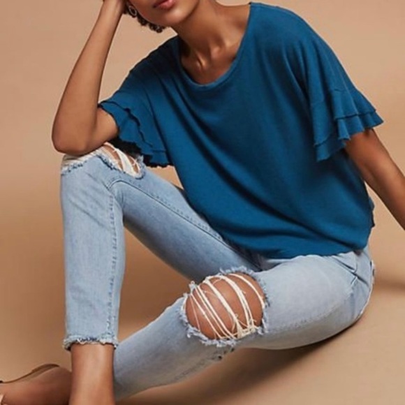 Anthropologie | Tops | Anthropologie Tla Blue Ruffle Sleeve Cropped Tee ...